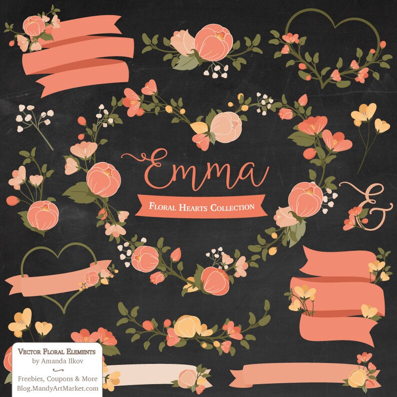 Emma Floral Heart Clipart & Vectors in Antique Peach Orange - Etsy