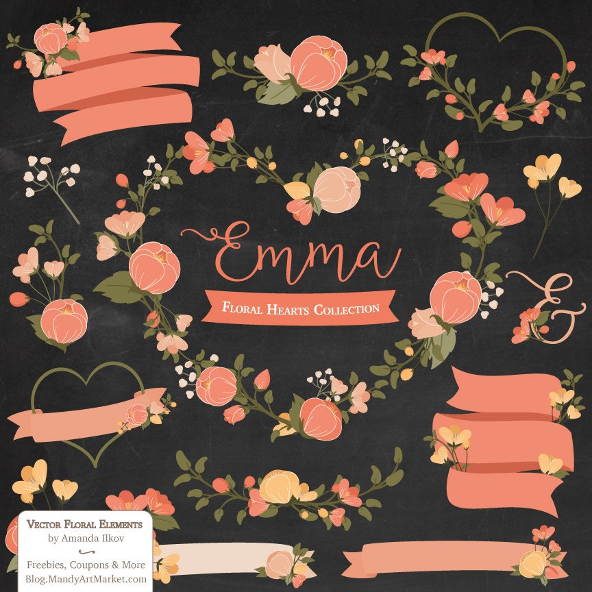 Emma Floral Heart Clipart & Vectors in Antique Peach - Orange Flowers ...