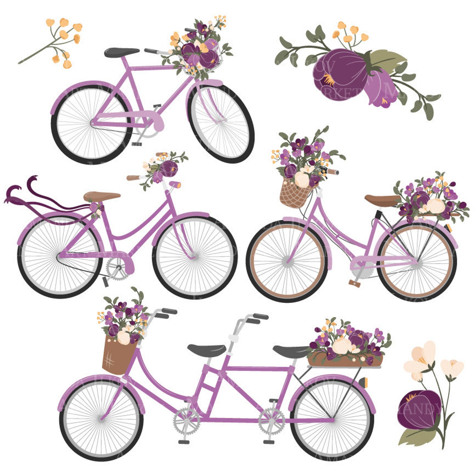 Emma Floral Bicycle Clipart & Vectors in Plum Plum Bicycles - Etsy