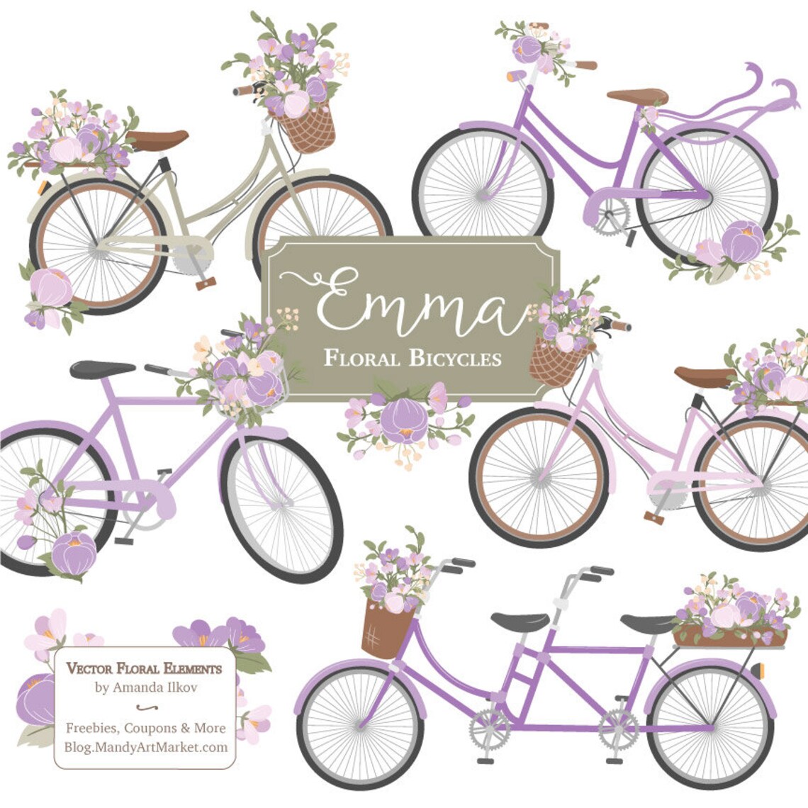 Emma Floral Bicycle Clipart & Vectors in Lavender lavender | Etsy