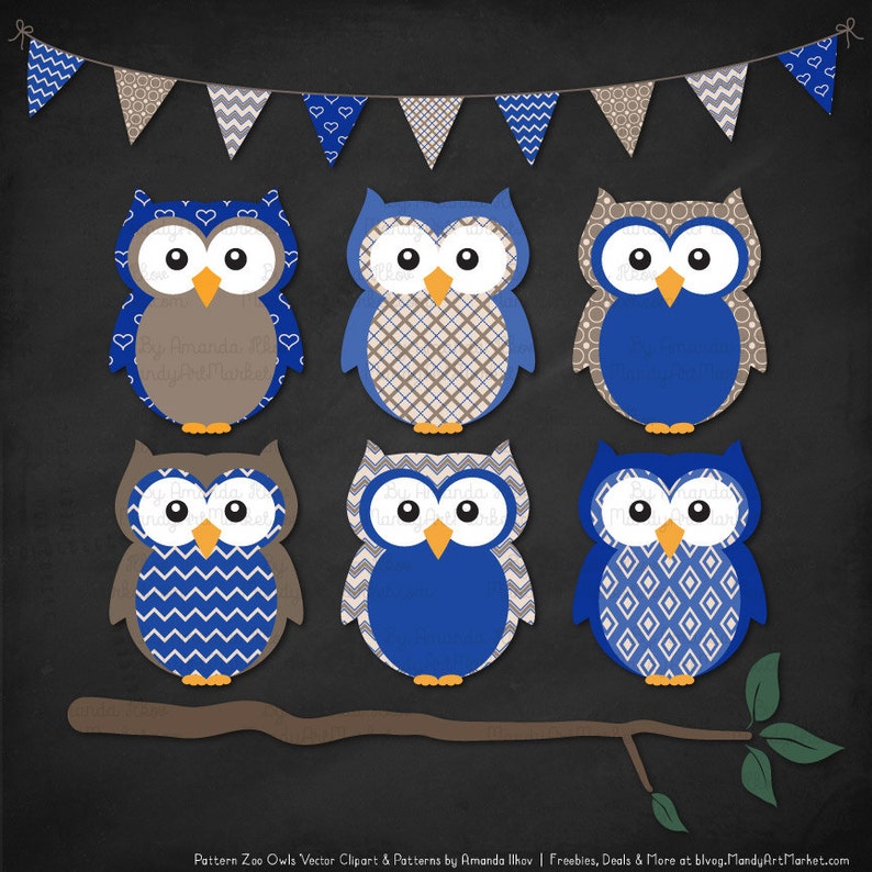 Patterned Royal Blue Owls Clipart and Digital Papers Blue | Etsy
