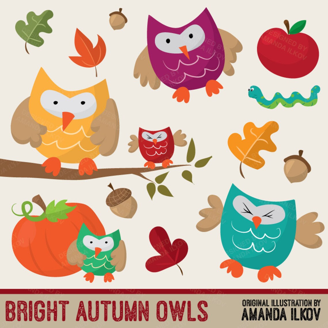 Premium Fun Bright Autumn Owls Clip Art & Digital Paper Set | Etsy