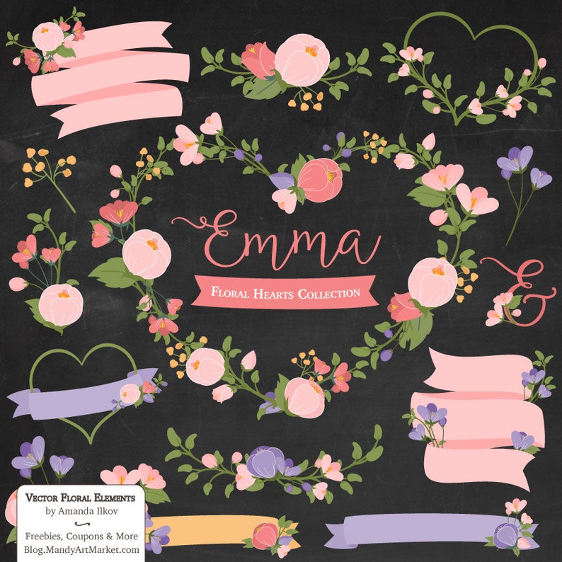 Emma Floral Heart Clipart & Vectors in Wildflowers Pink - Etsy