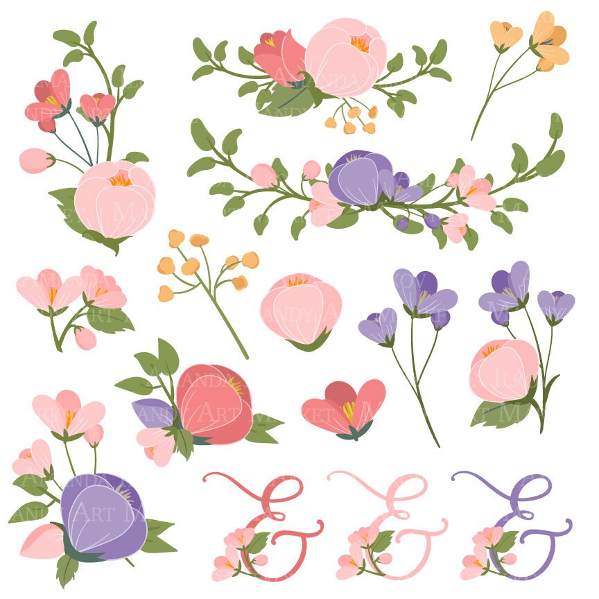 Emma Floral Heart Clipart & Vectors in Wildflowers Pink - Etsy