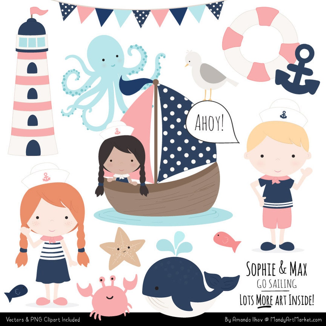Cute Sailing Clipart in Navy & Pink - Cute Nautical Clipart, Nautical ...