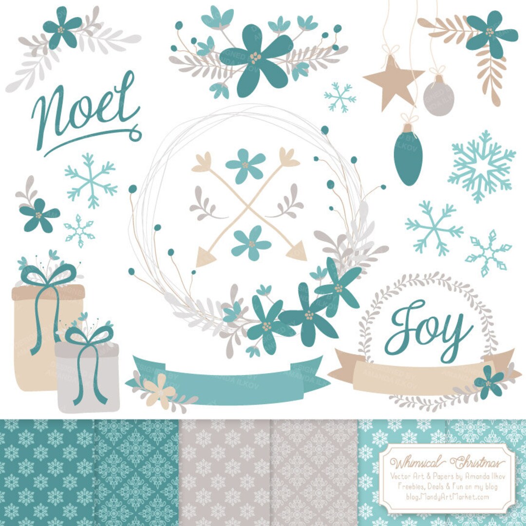 Teal Blue Christmas Wreath Clip Art & Teal Christmas Digital Papers Set ...
