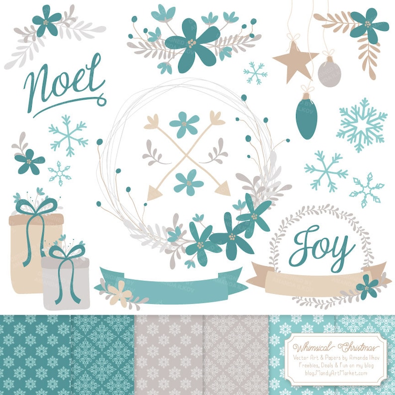 Teal Blue Christmas Wreath Clip Art & Teal Christmas Digital - Etsy