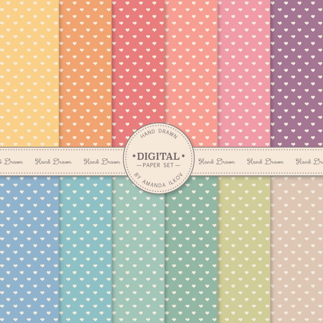 Professional Hand Drawn Vintage Mini Hearts Digital Paper Set - Heart ...
