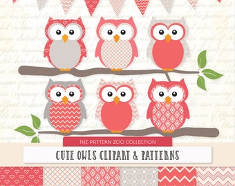 Patterned Ruby Owls Clipart and Digital Papers Ruby Red Owl | Etsy