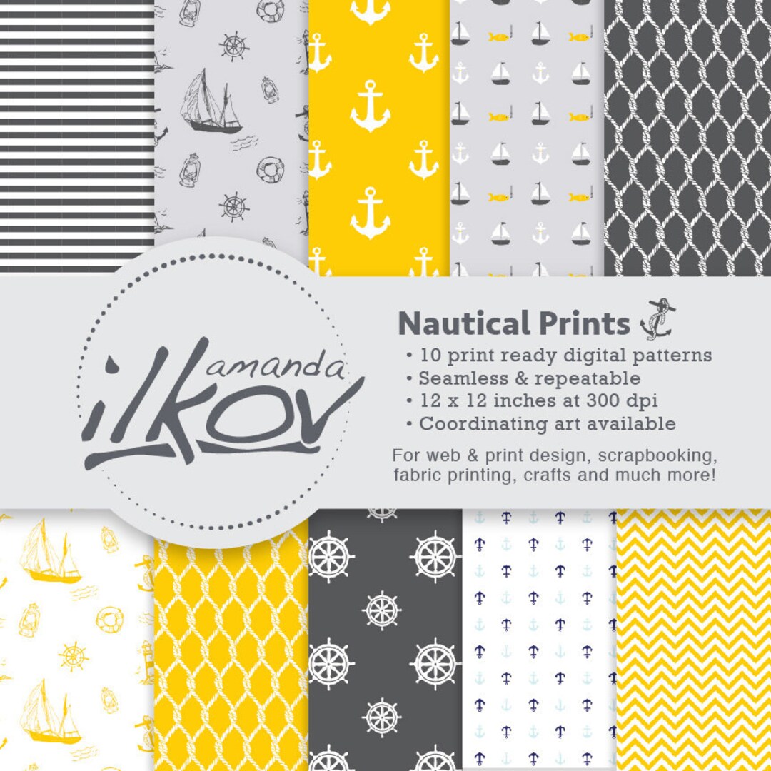 Grey and Yellow Nautical Digital Paper Set for Scrapbooking, Crafting ...