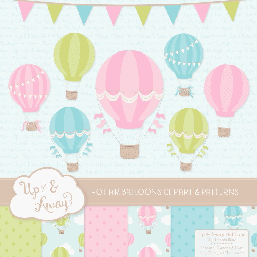 Fresh Hot Air Balloons Clipart With Digital Papers - Bright Hot Air ...
