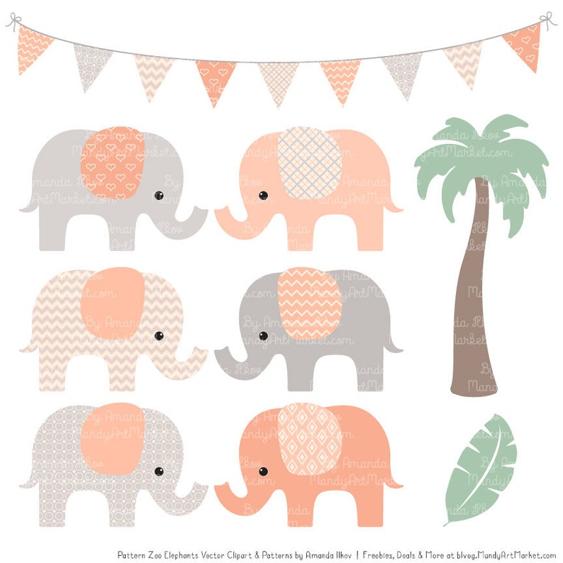 Patterned Peach Elephants Clipart and Digital Papers - Peach Elephant ...