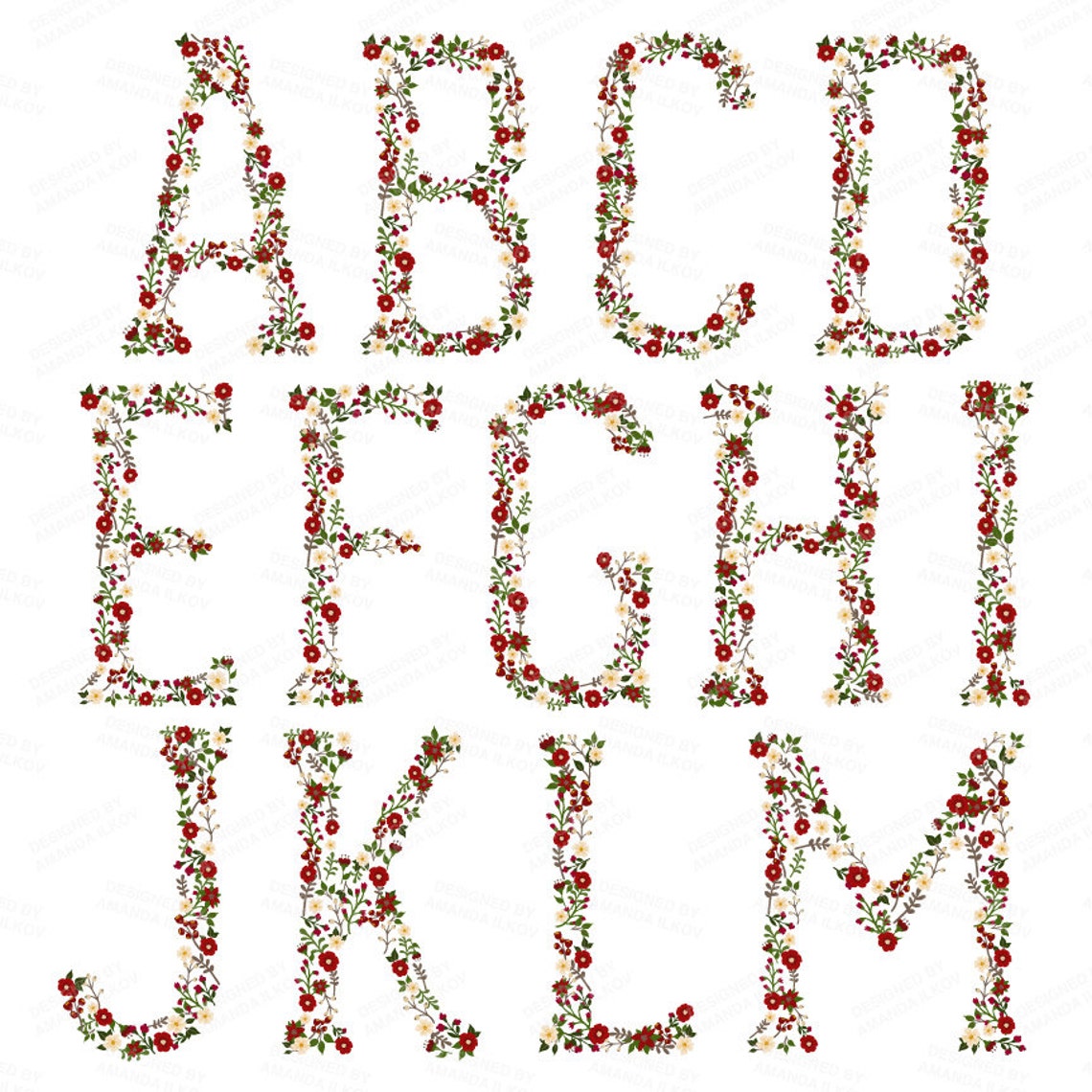 Professional Floral Alphabet Clipart & Vectors Christmas - Etsy