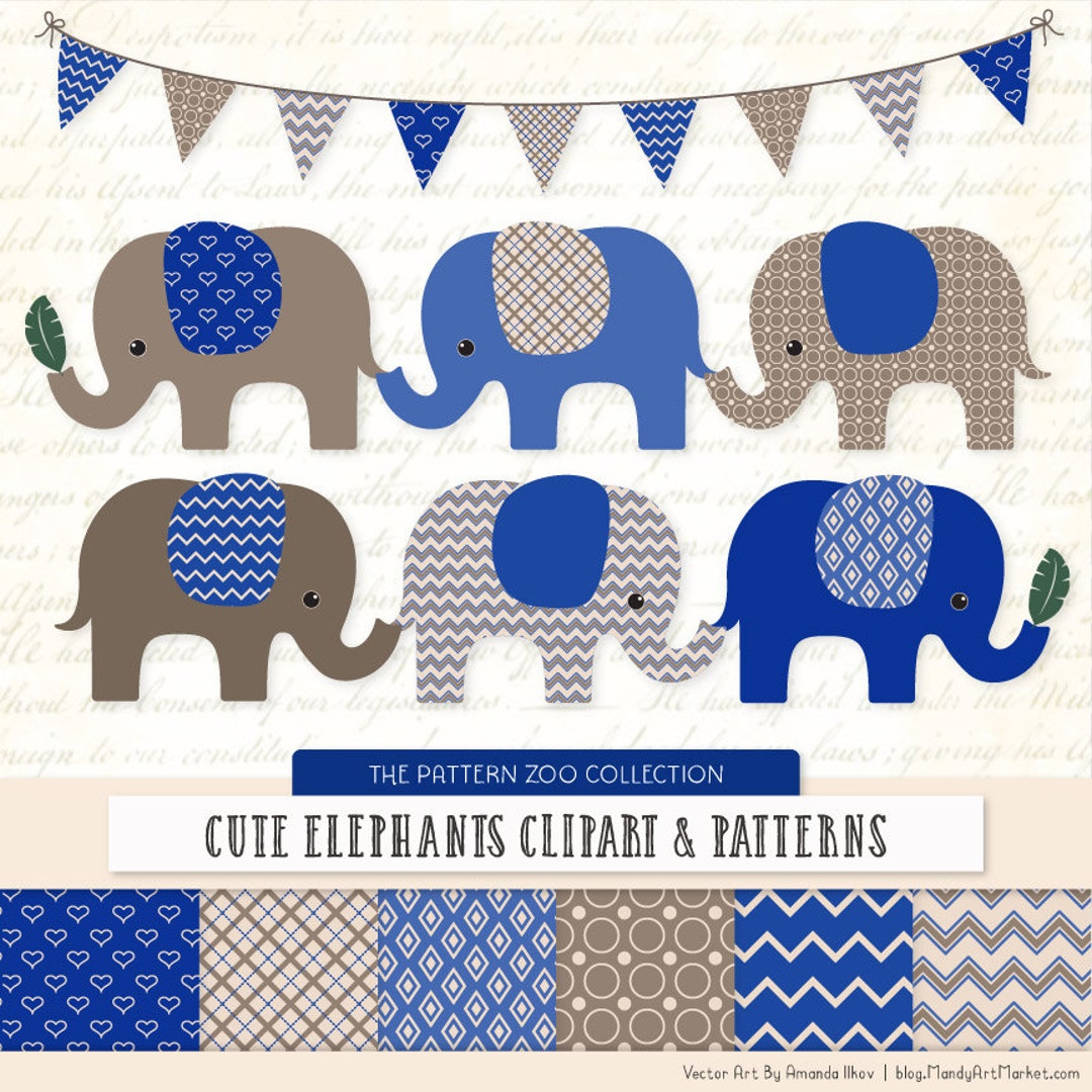 Patterned Royal Blue Elephants Clipart and Digital Papers - Blue ...