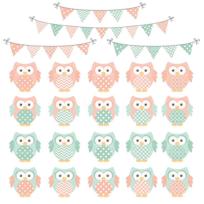 Premium Owl Clipart, Vectors & Digital Papers in Mint and Peach - Peach ...