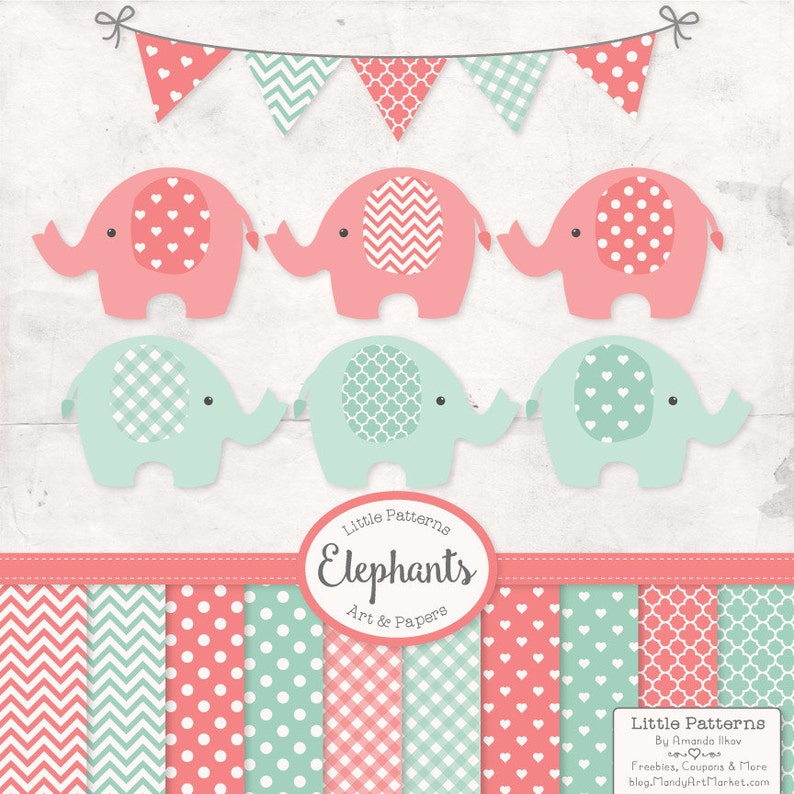 Premium Elephant Clipart Vectors & Digital Papers in Mint and - Etsy España