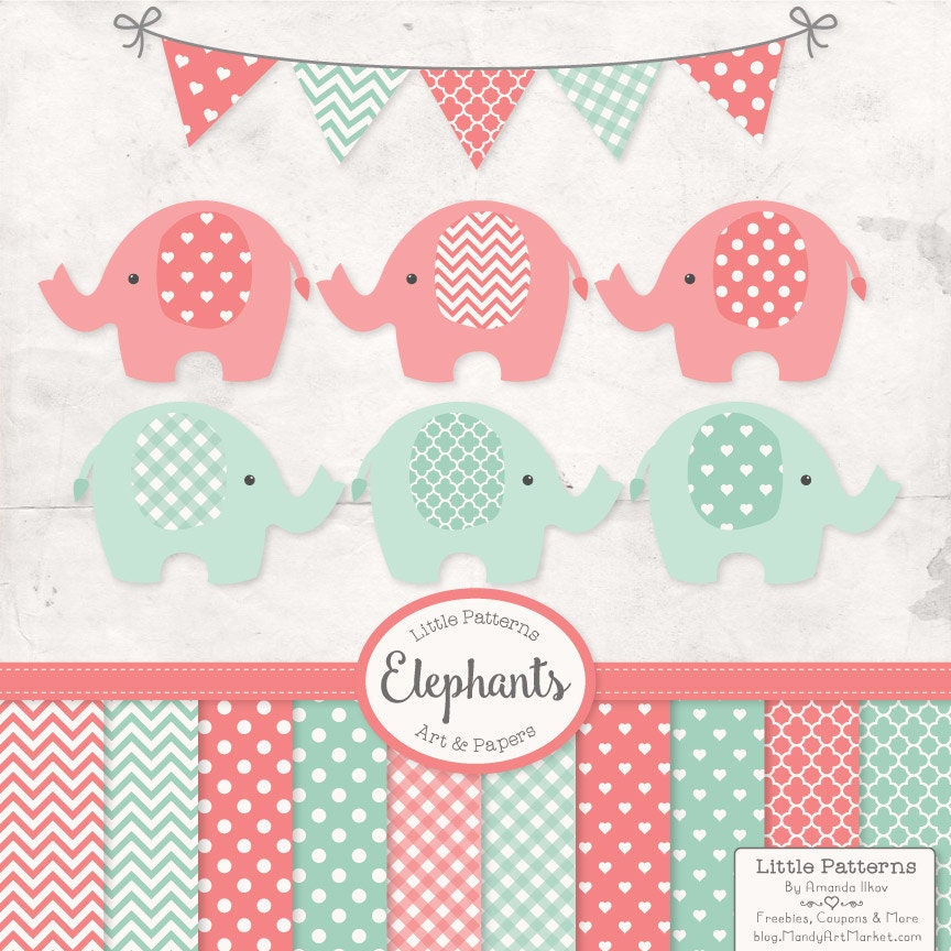 Premium Elephant Clipart Vectors & Digital Papers in Mint and | Etsy