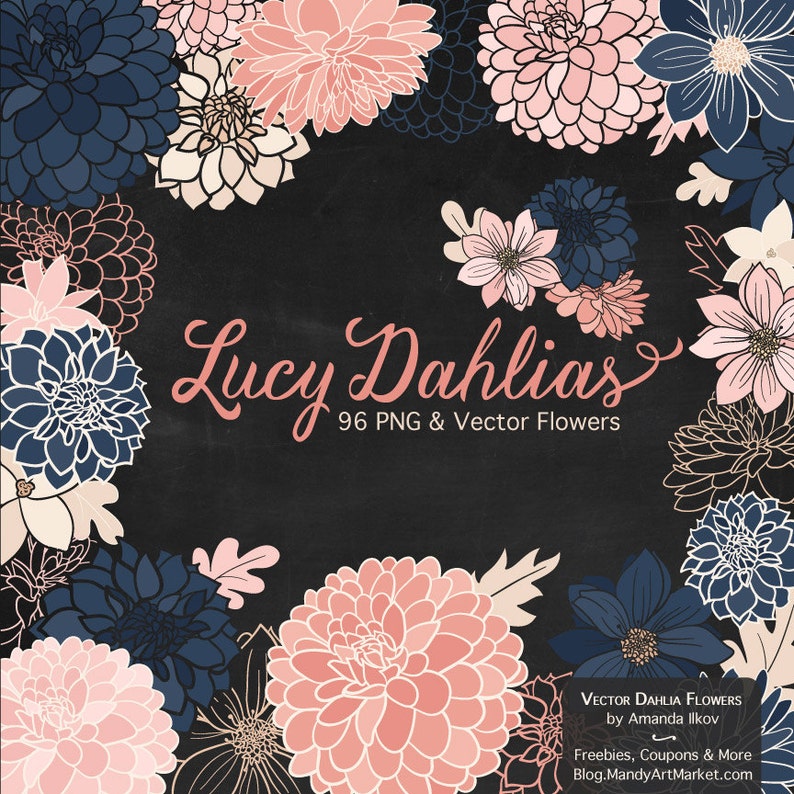 Lucy Dahlia Clipart & Vectors in Navy and Blush - Navy and Pink Flowers ...
