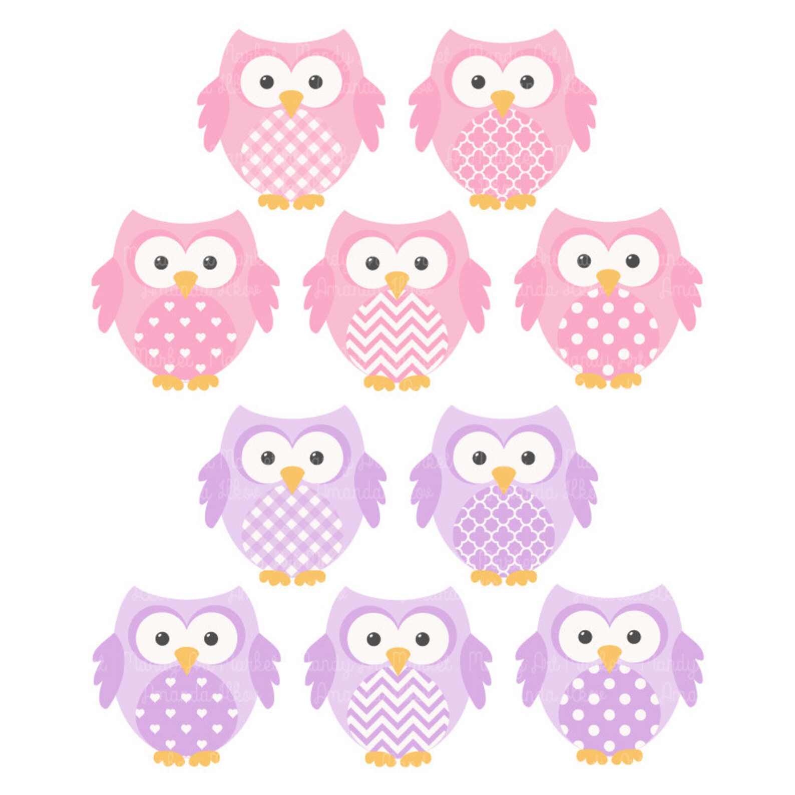 Premium Owl Clipart, Vectors & Digital Papers in Fresh Pink and Purple ...
