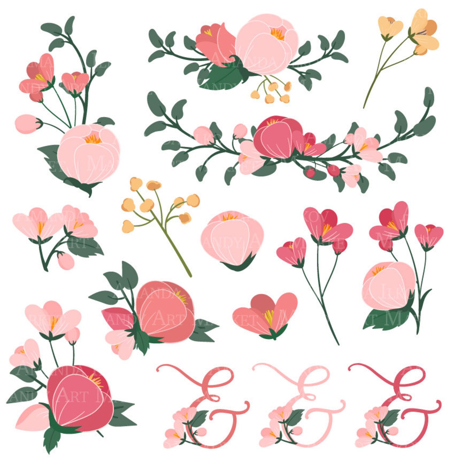 Emma Floral Heart Clipart & Vectors in Rose Garden pink - Etsy México