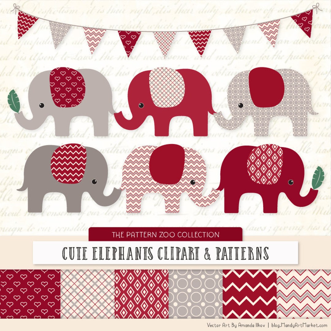 Patterned Ruby Elephants Clipart and Digital Papers - Red Elephant ...