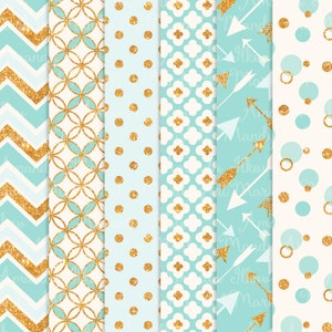 Premium Boho Gold Glitter Digital Paper in Aqua - Gold Digital Paper ...