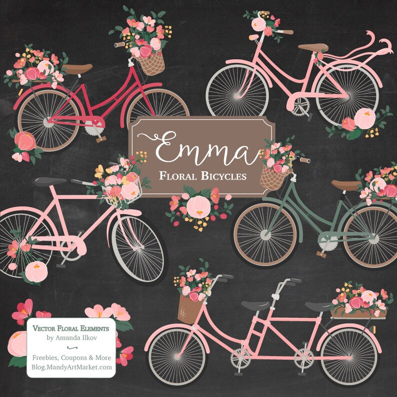 Emma Floral Bicycle Clipart & Vectors in Rose Garden Rose - Etsy