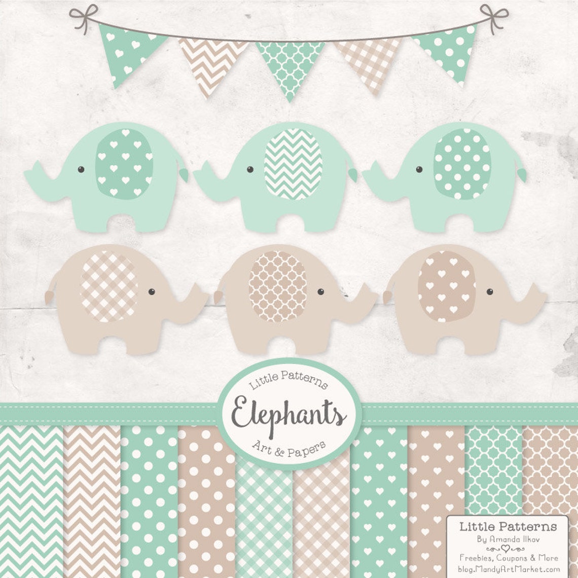 Premium Elephant Clipart Vectors & Digital Papers in Mint - Etsy