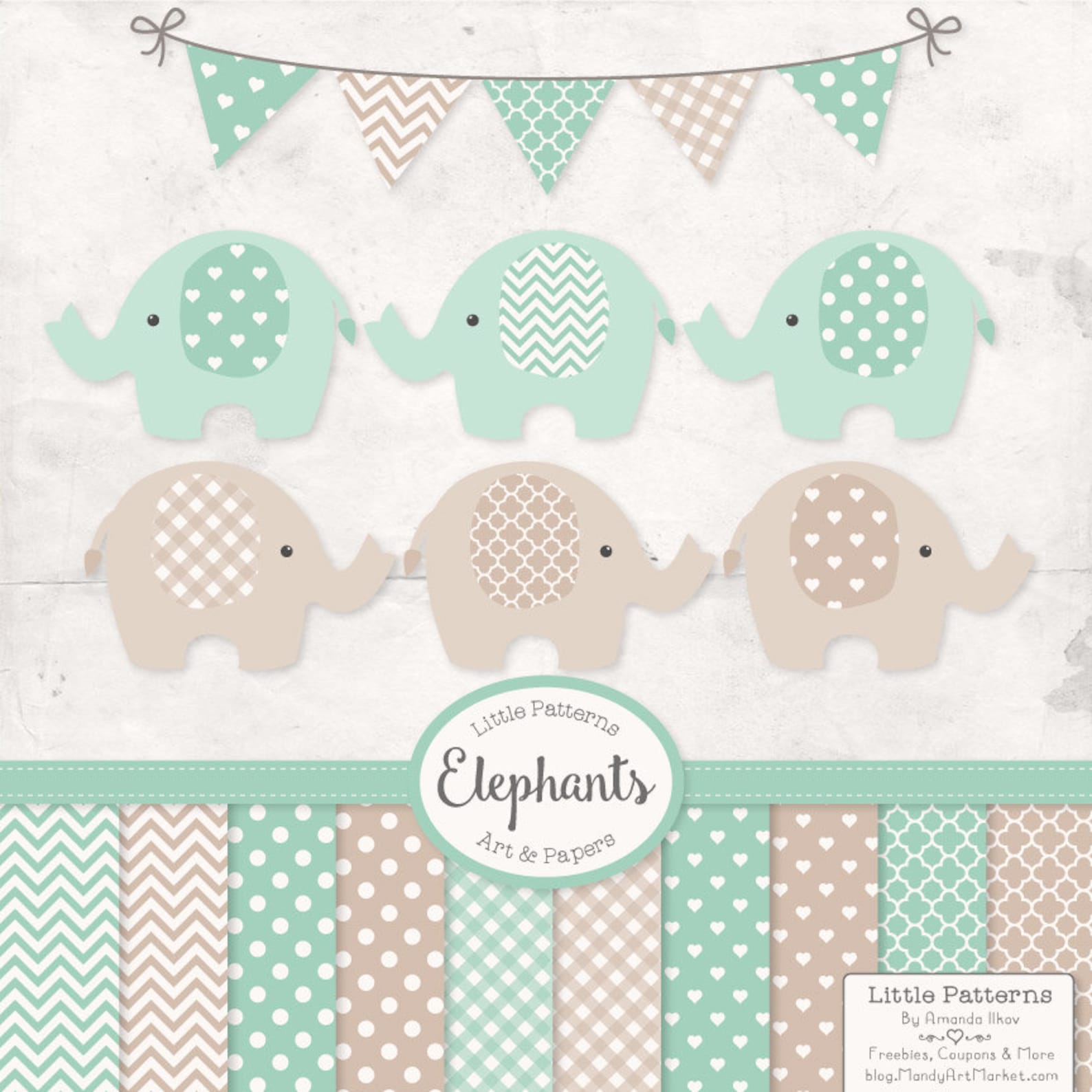 Premium Elephant Clipart, Vectors & Digital Papers in Mint With Tan ...