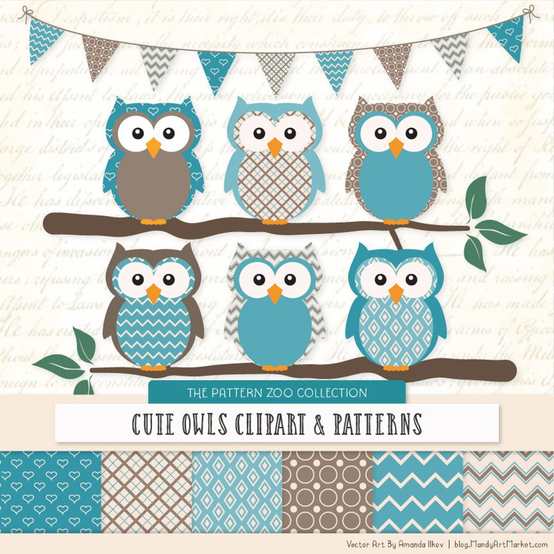 Patterned Vintage Blue Owls Clipart and Digital Papers Teal Owl Clipart ...