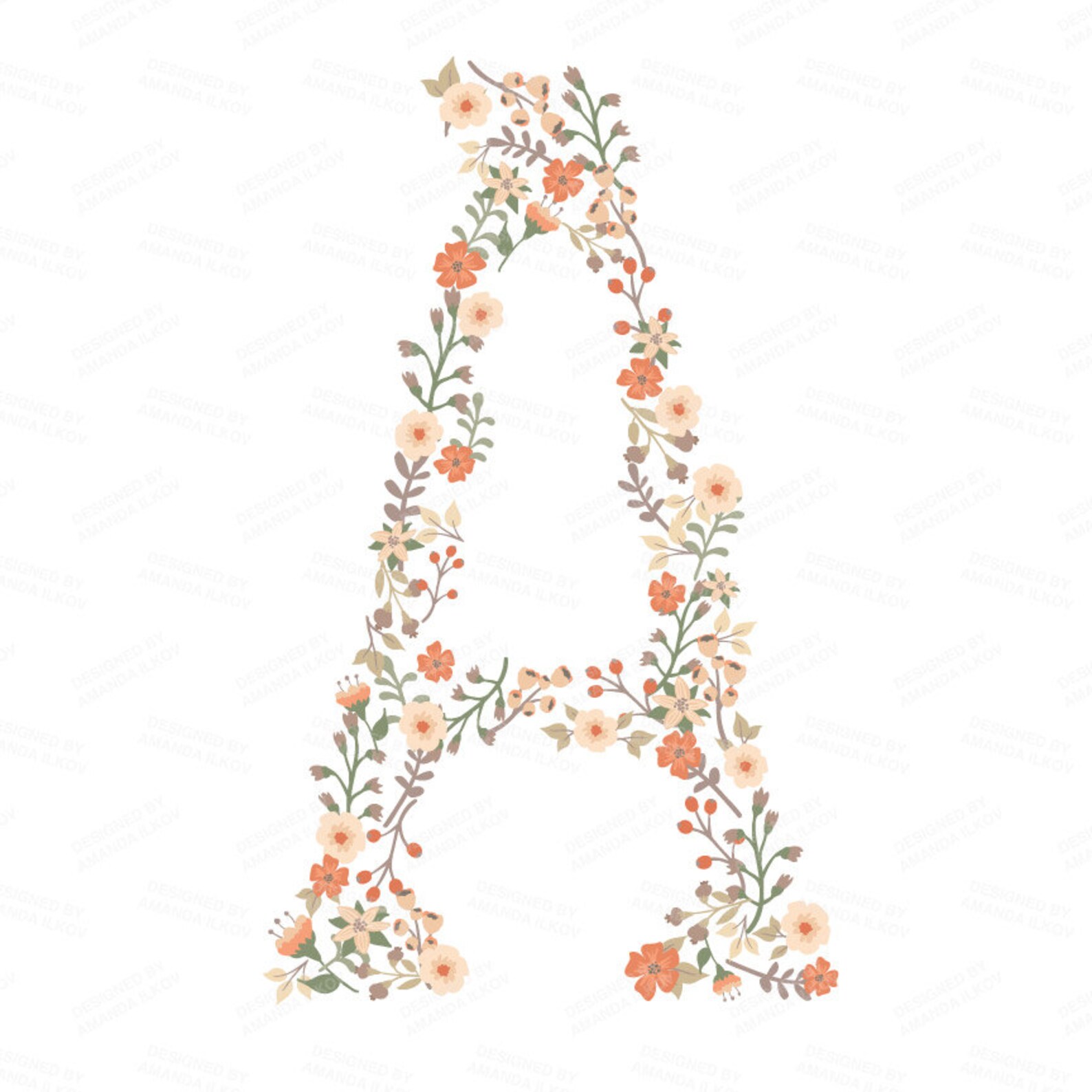 Professional Floral Alphabet Clipart & Vectors Peach Floral - Etsy