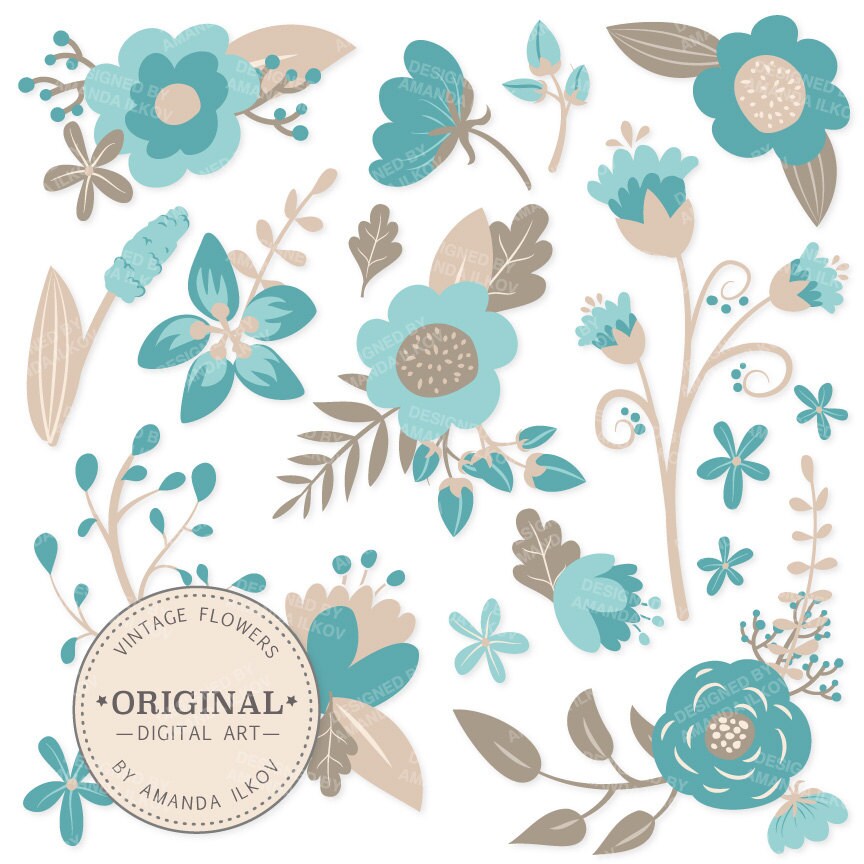 Premium Vintage Blue Flowers Clipart & Floral Vectors - Vintage Blue ...