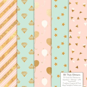 Premium Gold Foil Mint & Peach Digital Papers Party Patterns, Party ...