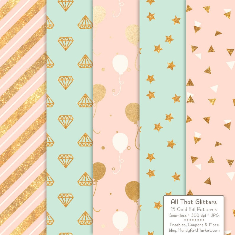 Premium Gold Foil Mint & Peach Digital Papers - Party Patterns, Party ...