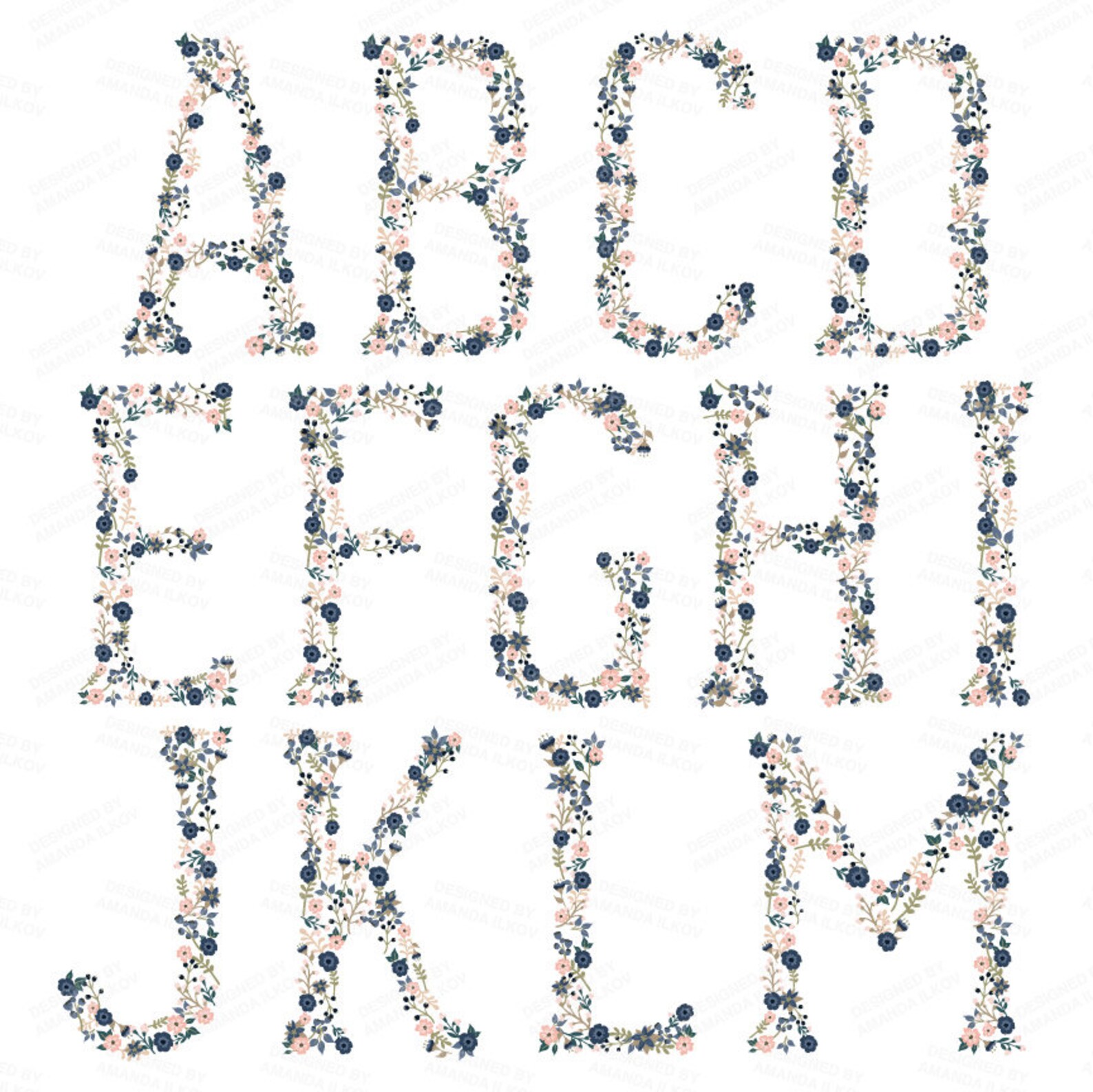 Professional Floral Alphabet Clipart & Vectors Navy Floral Monogram ...