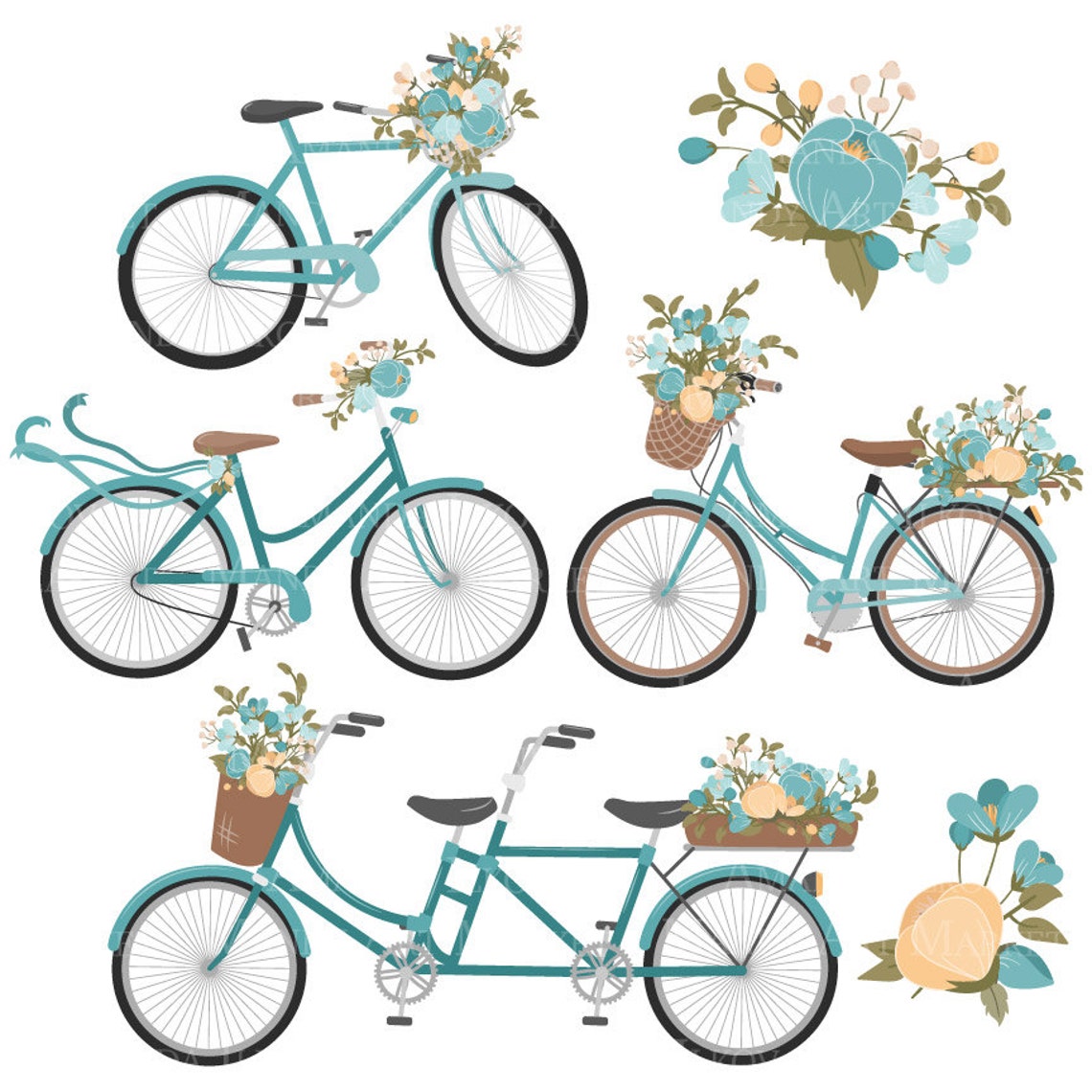 Emma Floral Bicycle Clipart & Vectors in Vintage Blue Rose | Etsy