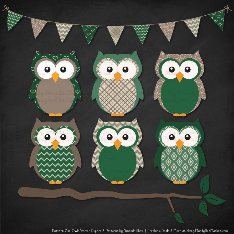 Patterned Emerald Owls Clipart and Digital Papers Green Owl - Etsy