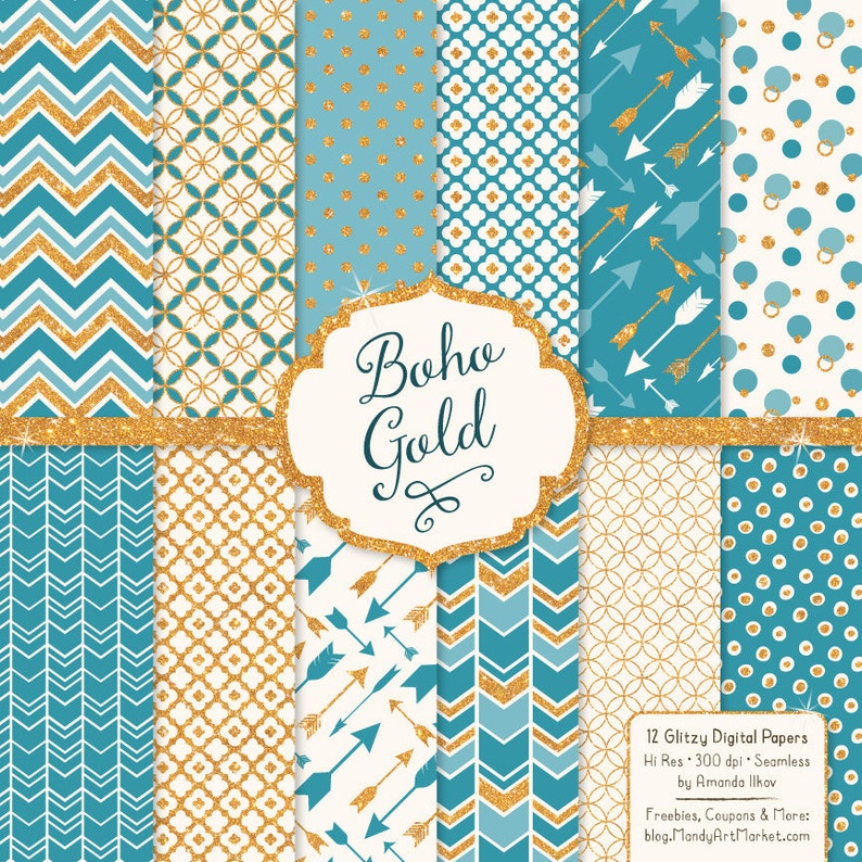 Premium Boho Gold Glitter Digital Paper in Vintage Blue Gold | Etsy