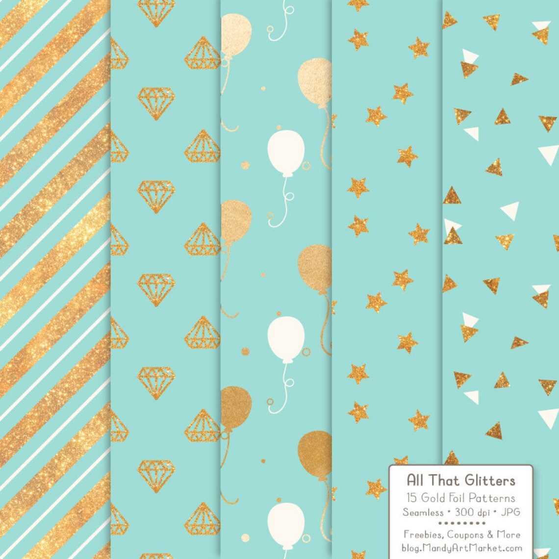 Celebrate Gold Foil Digital Papers in Aqua Party Patterns | Etsy