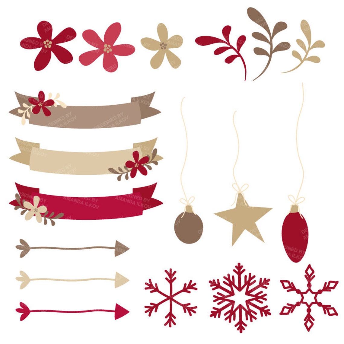 Red Christmas Wreath Clip Art & Red Christmas Digital Papers Set - Ruby ...