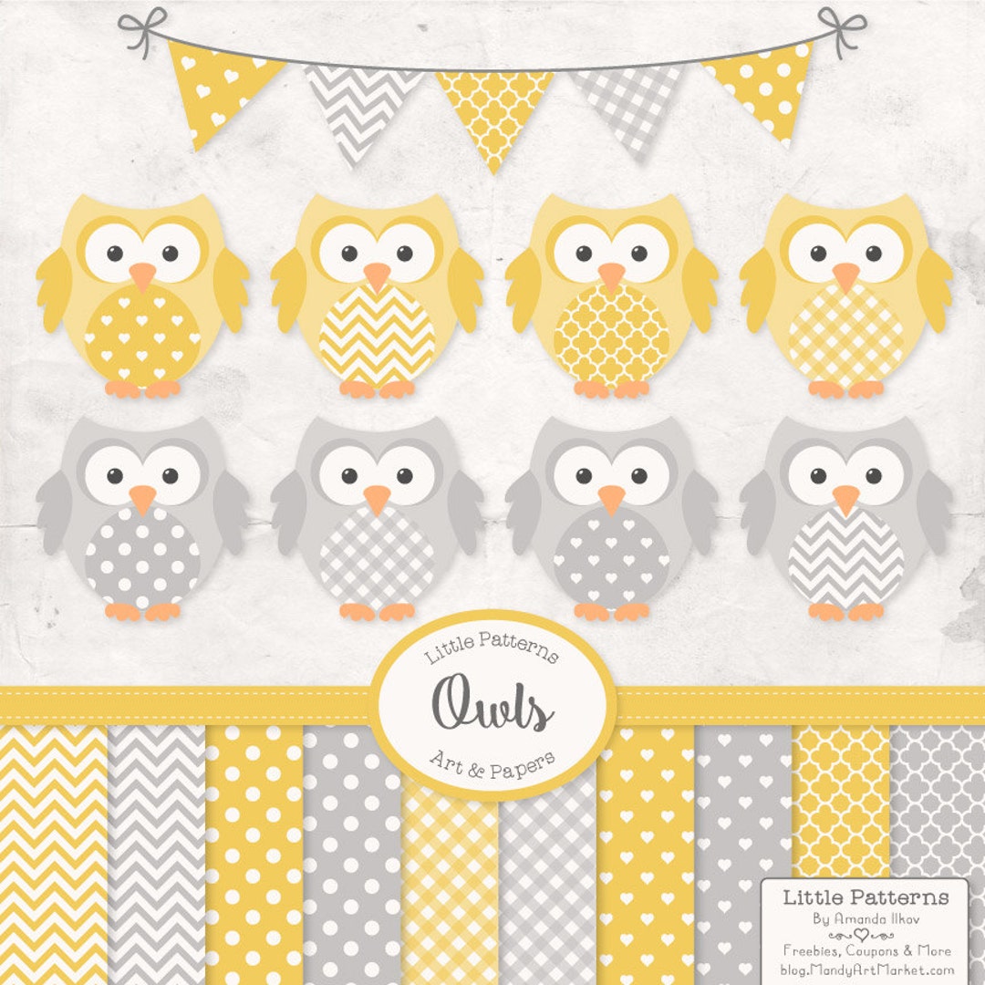 Premium Owl Clipart, Vectors & Digital Papers in Sunshine Yellow Owl ...