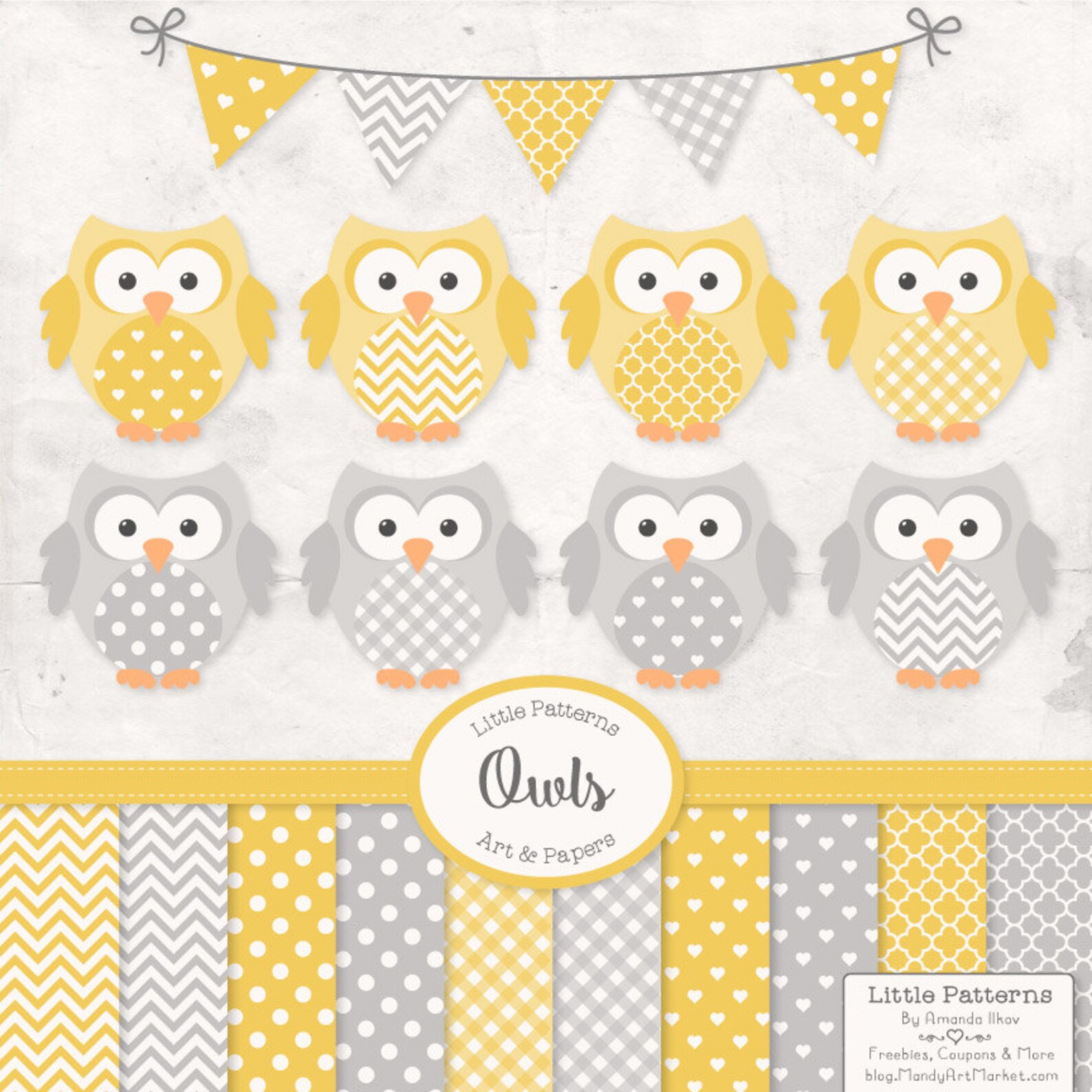 Premium Owl Clipart, Vectors & Digital Papers in Sunshine - Yellow Owl ...