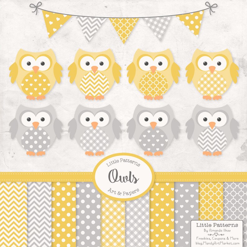 Premium Owl Clipart, Vectors & Digital Papers in Sunshine - Yellow Owl ...