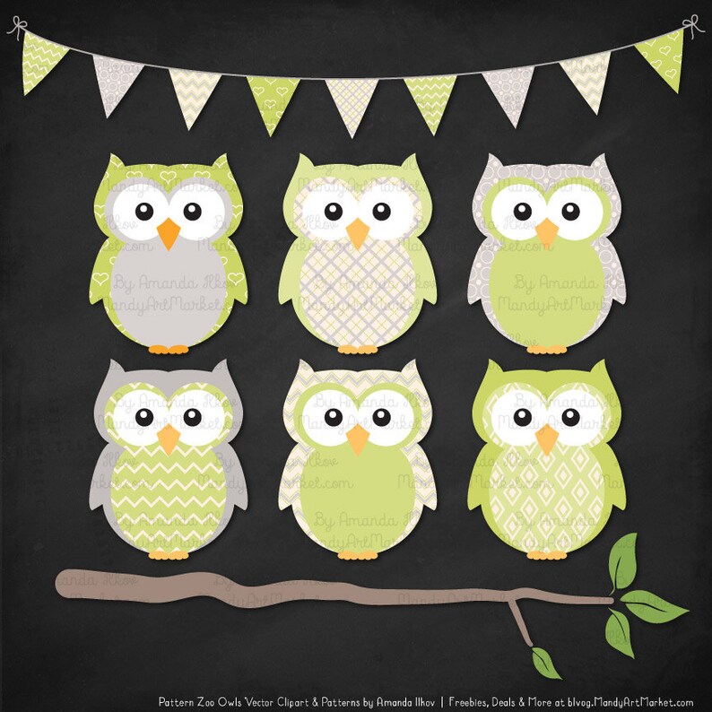 Patterned Bamboo Owls Clipart and Digital Papers - Green Owl Clipart ...