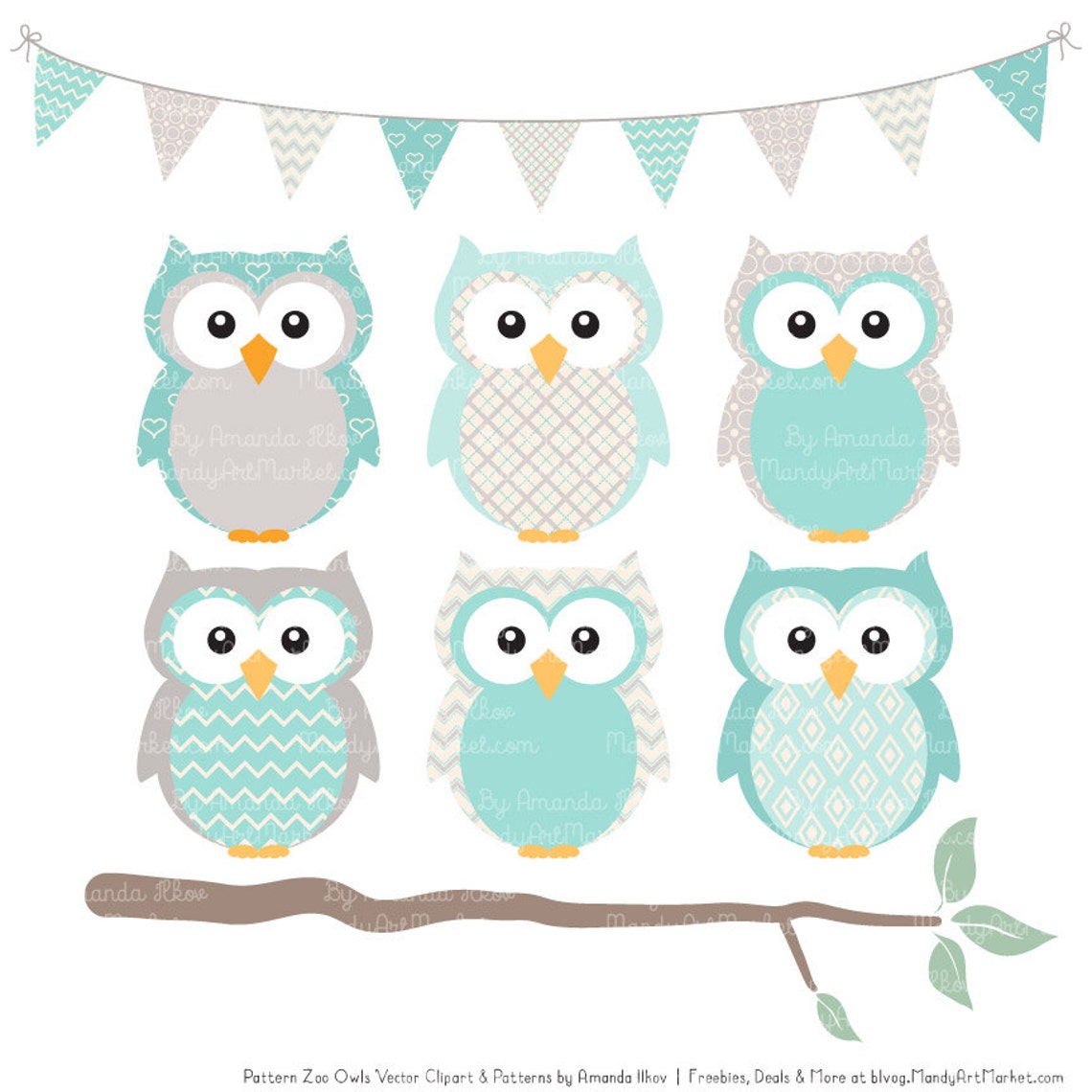 Patterned Aqua Owls Clipart and Digital Papers Aqua Owl - Etsy