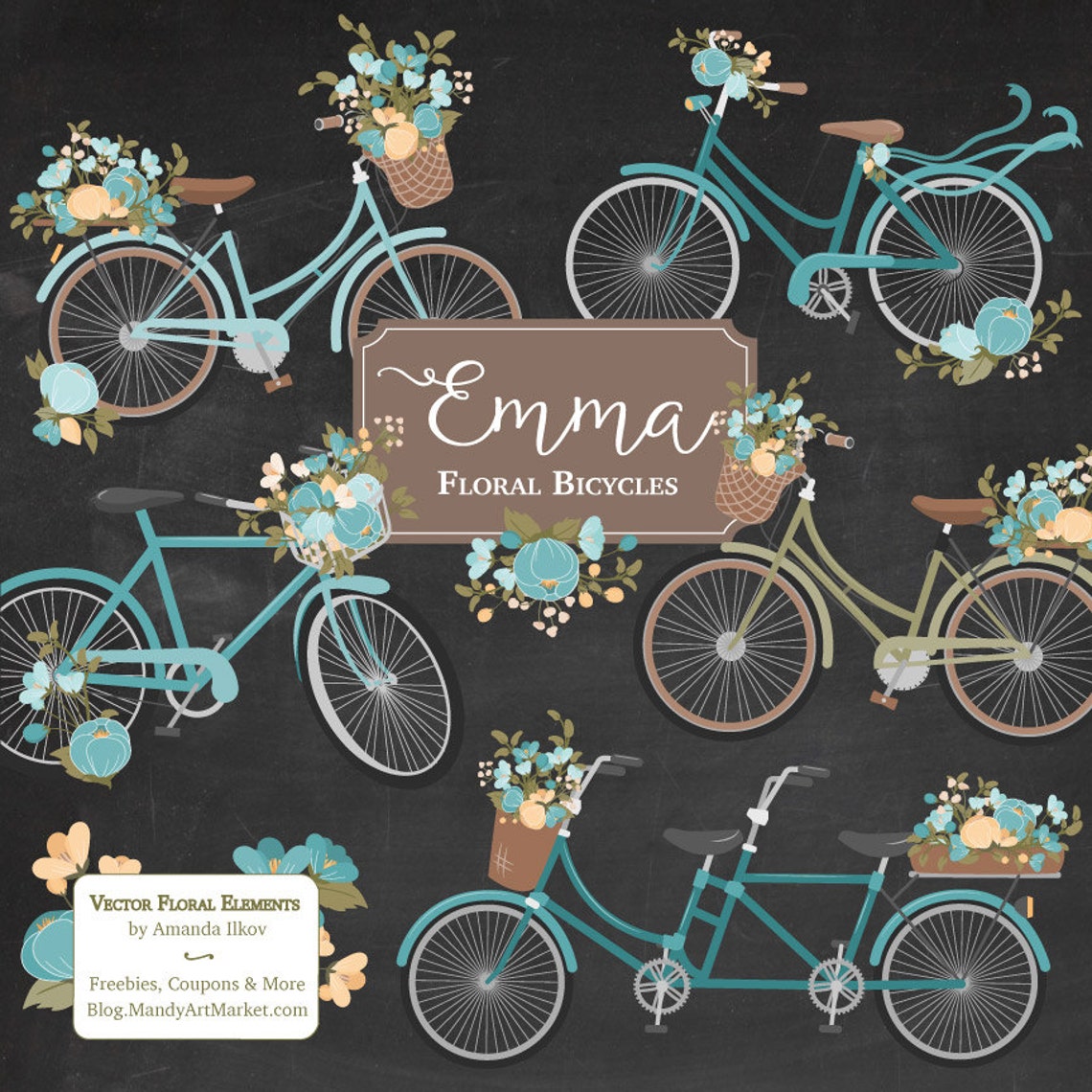 Emma Floral Bicycle Clipart & Vectors in Vintage Blue Rose | Etsy