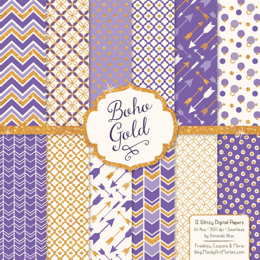 Premium Boho Gold Glitter Digital Paper in Purple - Gold Digital Paper ...