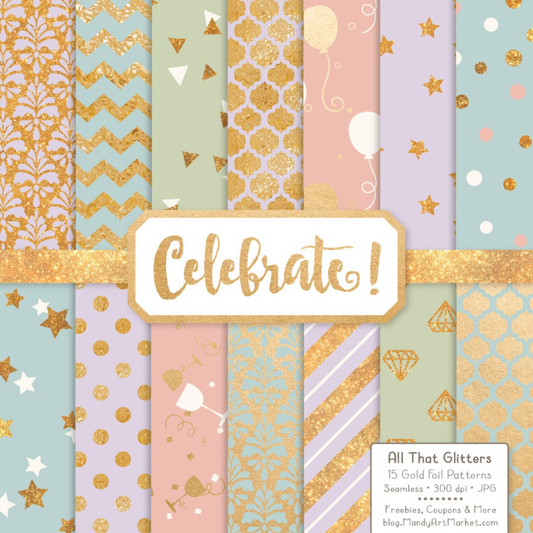 Celebrate Gold Foil Digital Papers in Grandmas Garden Party Patterns ...