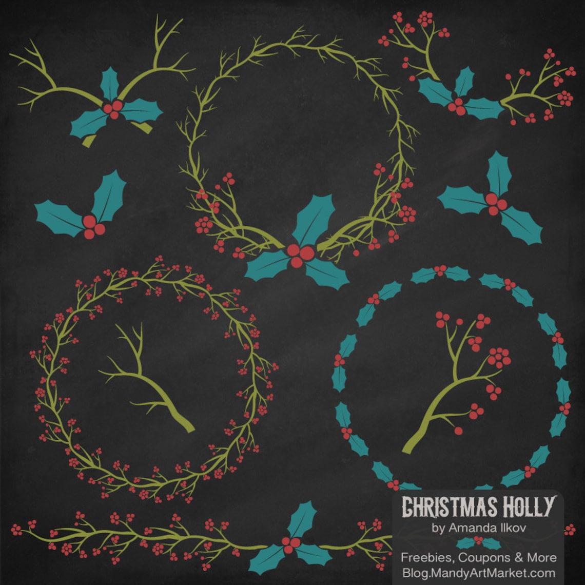 Professional Retro Holly Clipart & Holly Vector Set Holly | Etsy