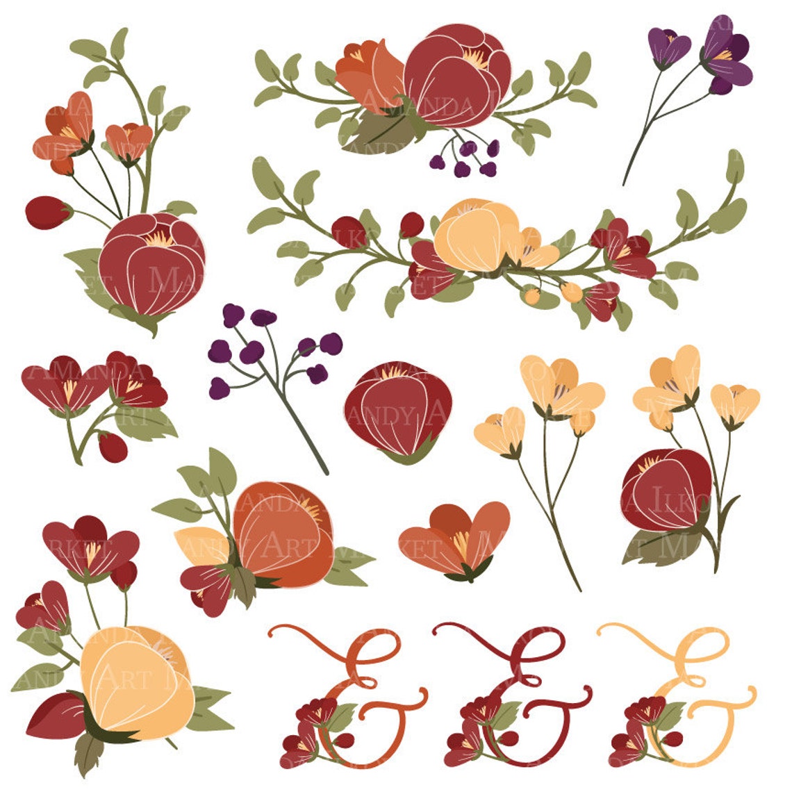Emma Floral Heart Clipart & Vectors in Autumn orange | Etsy